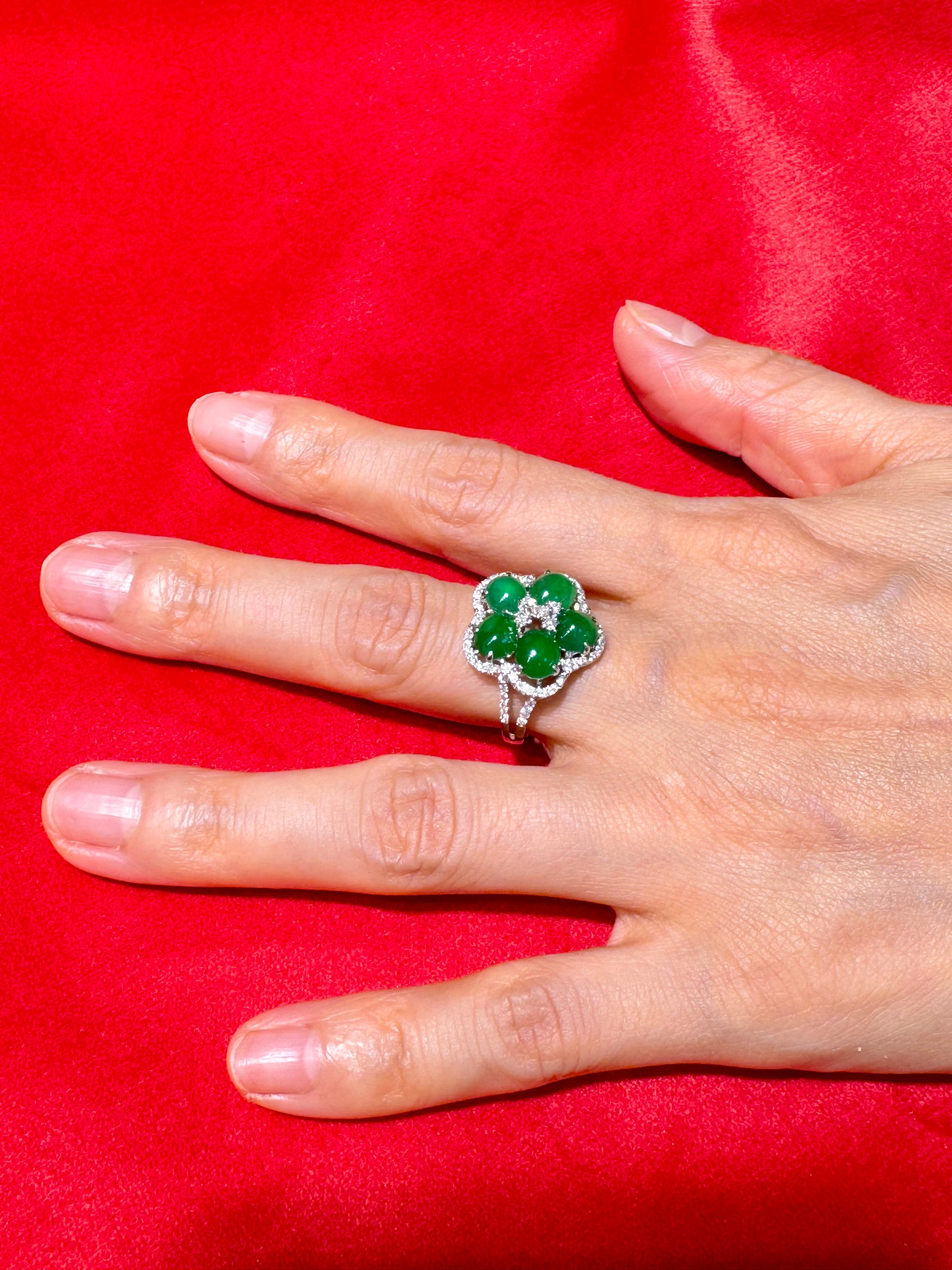 Certified Natural Jade Cluster and Diamond Cocktail Ring. Glowing ...