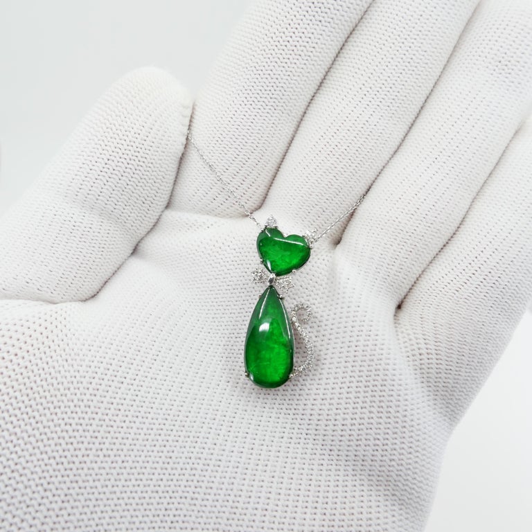 Certified Natural Jade and Diamond Cat Pendant Necklace Glowing Apple ...