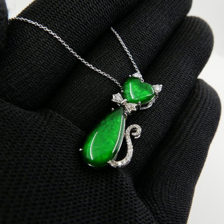 Certified Natural Jade and Diamond Cat Pendant Necklace Glowing Apple ...
