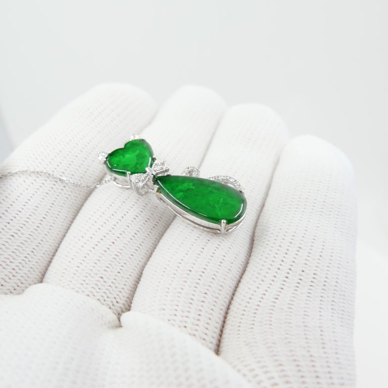 Certified Natural Jade and Diamond Cat Pendant Necklace Glowing Apple ...