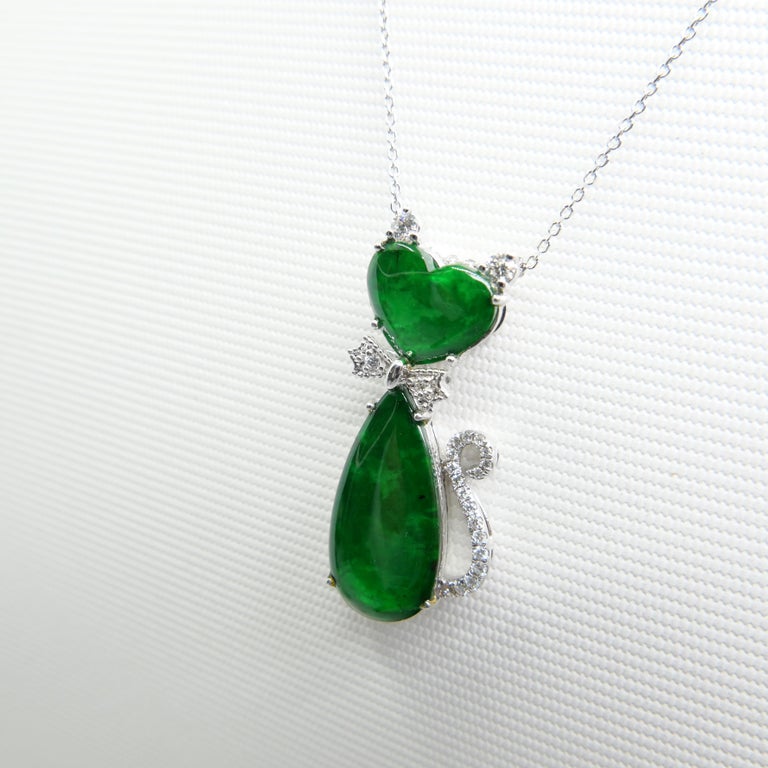 Certified Natural Jade and Diamond Cat Pendant Necklace Glowing Apple ...