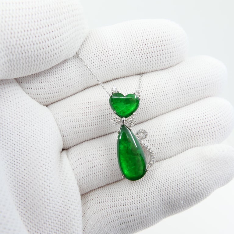 Certified Natural Jade and Diamond Cat Pendant Necklace Glowing Apple ...