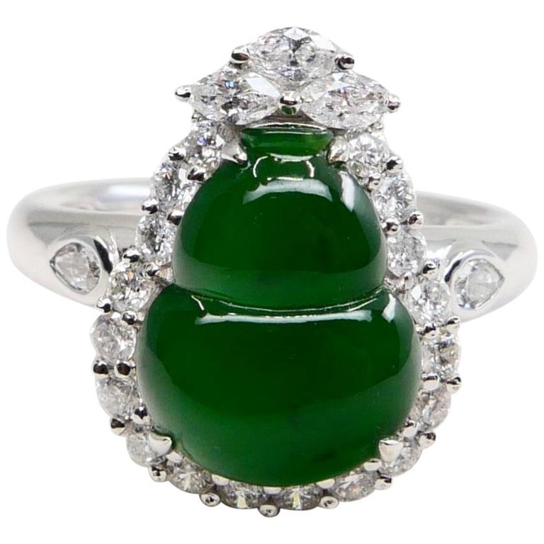 Certified Natural Jade Gourd and Diamond Cocktail Ring, Intense Green ...
