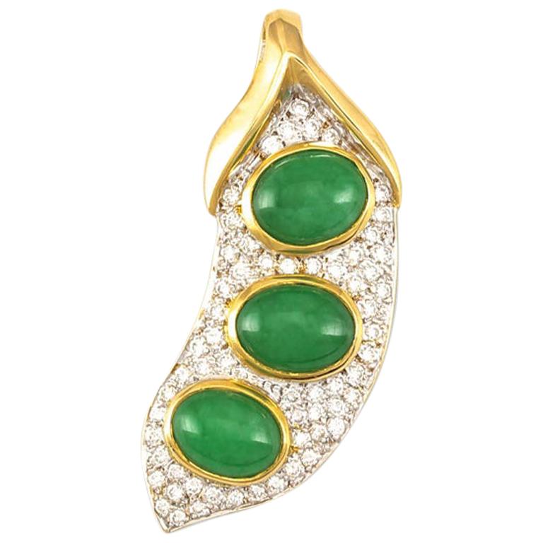 Certified Natural Jadeite Jade, Pave Diamond and 18K Yellow Gold Pea ...