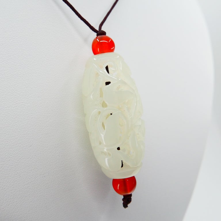 Certified Natural Nephrite White Jade Pendant, Detailed Carving Well ...