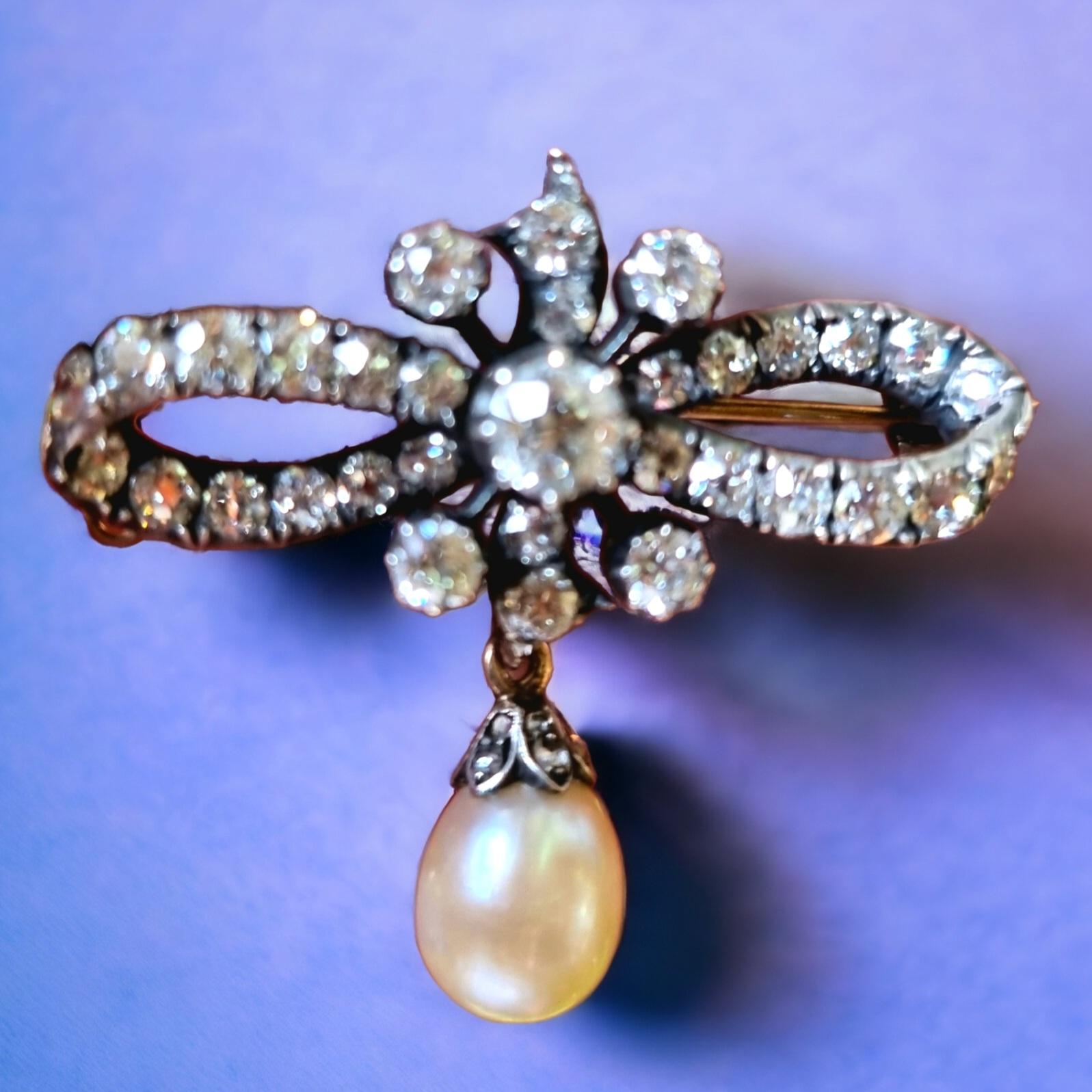 Certified Natural Pearl and Diamond Bow Brooch 19th Century For Sale at ...