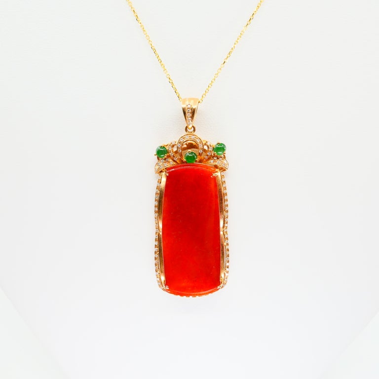 Certified Natural Red Jade, Diamonds, Imperial Green Jade Pendant Drop ...