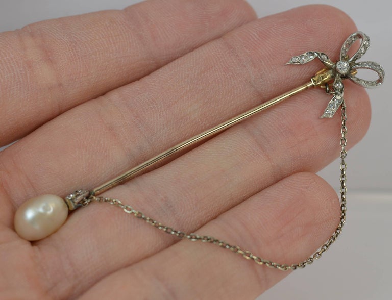 Certified Natural Salt Water Pearl and Diamond Stick Pin Brooch at 1stDibs