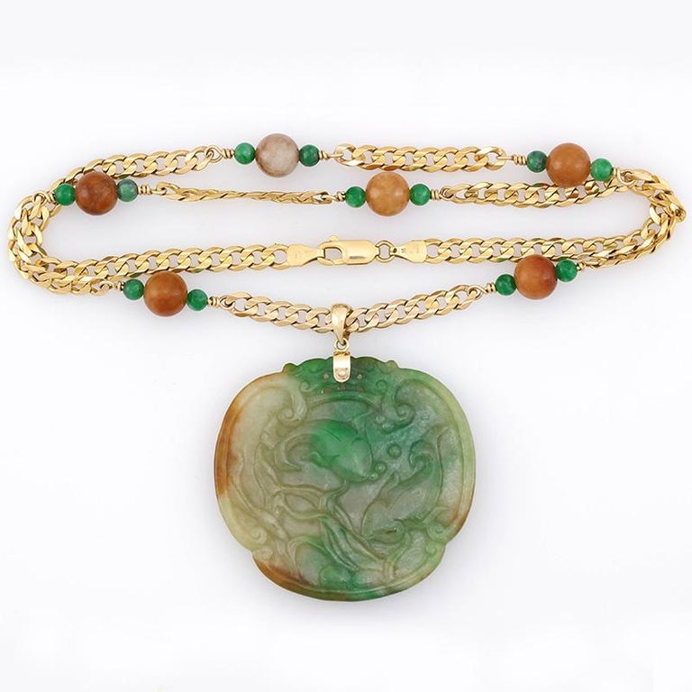 Certified Natural Tri-Color Jadeite Jade Medallion and 14K Yellow Gold ...