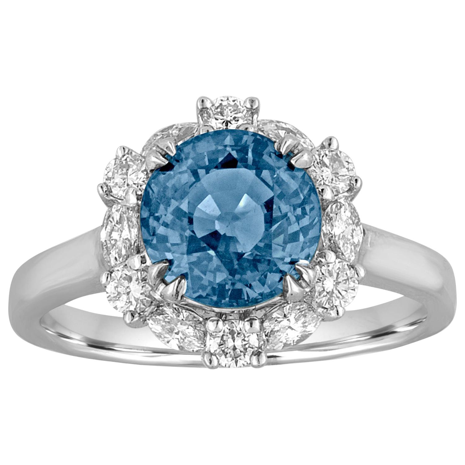 Certified No Heat 3.02 Carat Round Blue Sapphire and Diamond Gold Ring ...