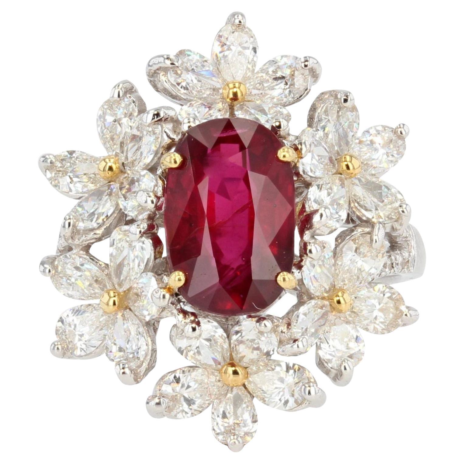 Certified No Heat Pigeon Blood Ruby Diamonds Flowers 18 Karat White ...