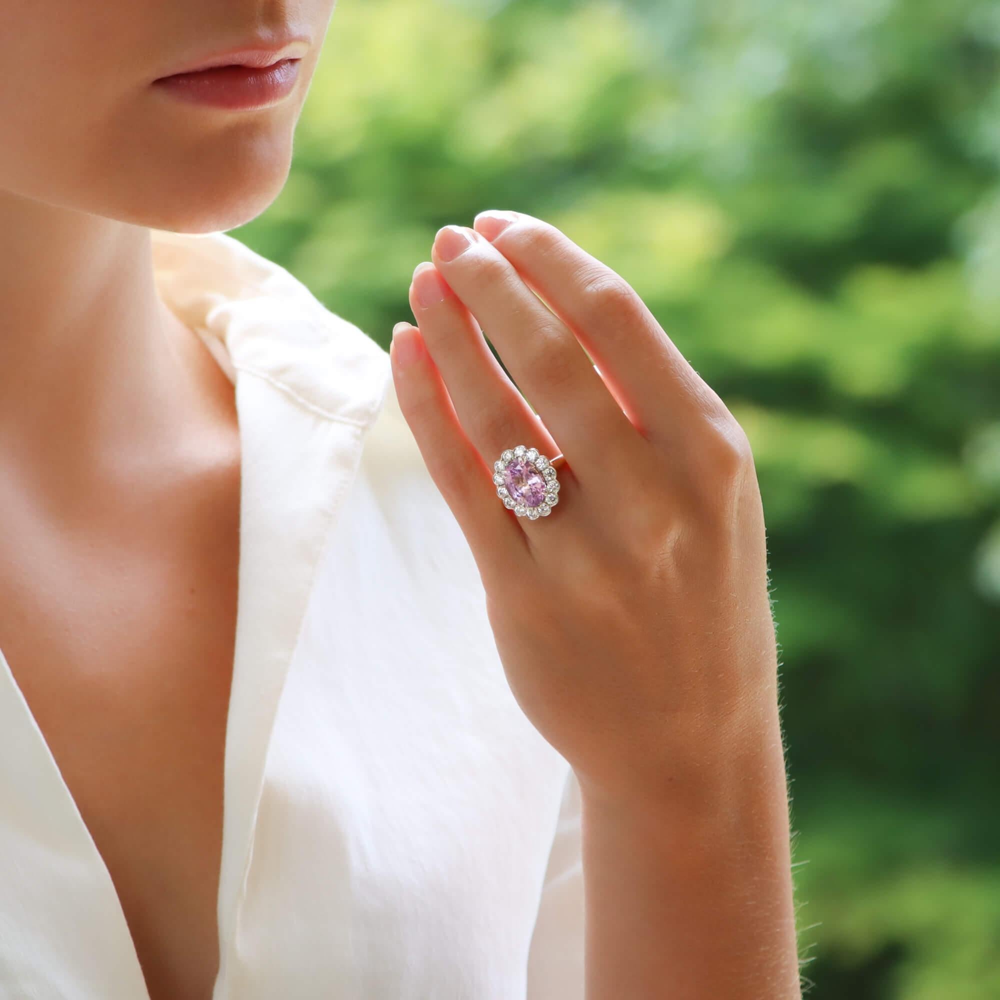 Certified Pastel Pink Sapphire and Diamond Cluster Ring Set in 18k Gold ...