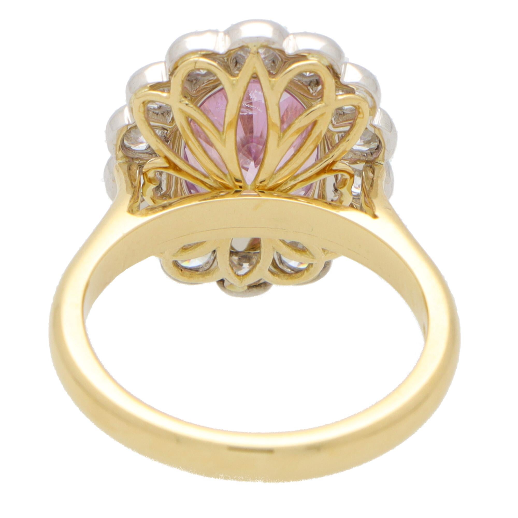 Certified Pastel Pink Sapphire and Diamond Cluster Ring Set in 18k Gold ...