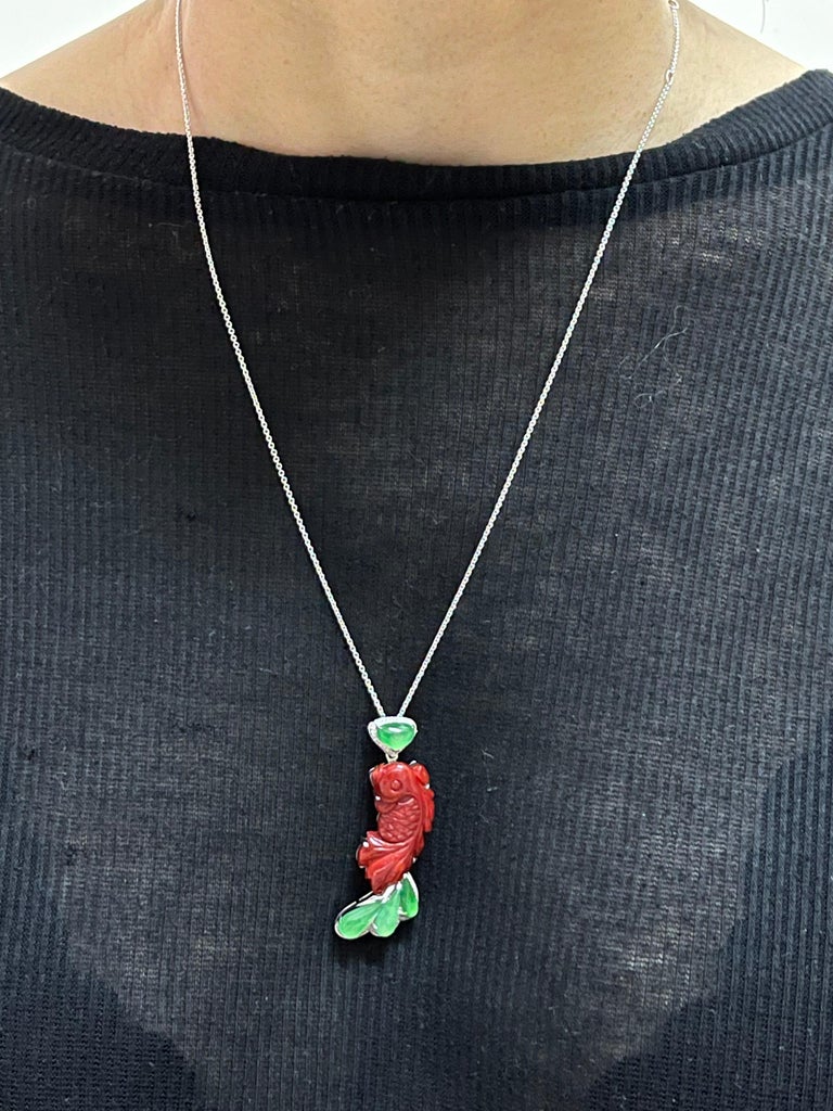 Certified Red Coral Icy Apple Green Jade and Diamond Koi Fish Pendant ...