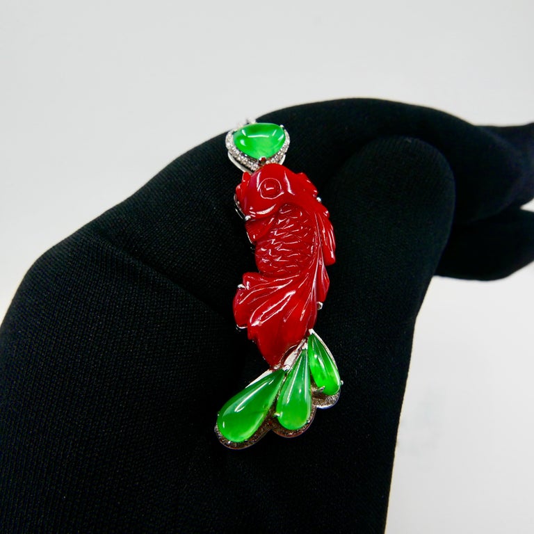 Certified Red Coral Icy Apple Green Jade and Diamond Koi Fish Pendant ...