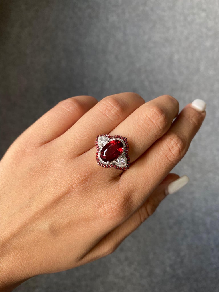 Certified Red Spinel and Diamond Three Stone Engagement Ring For Sale ...
