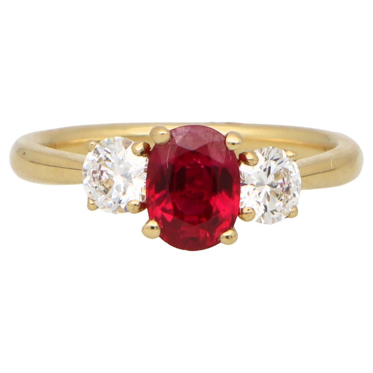 Ruby and GIA Certified Diamond Trilogy Ring Set in 18k Yellow Gold For ...