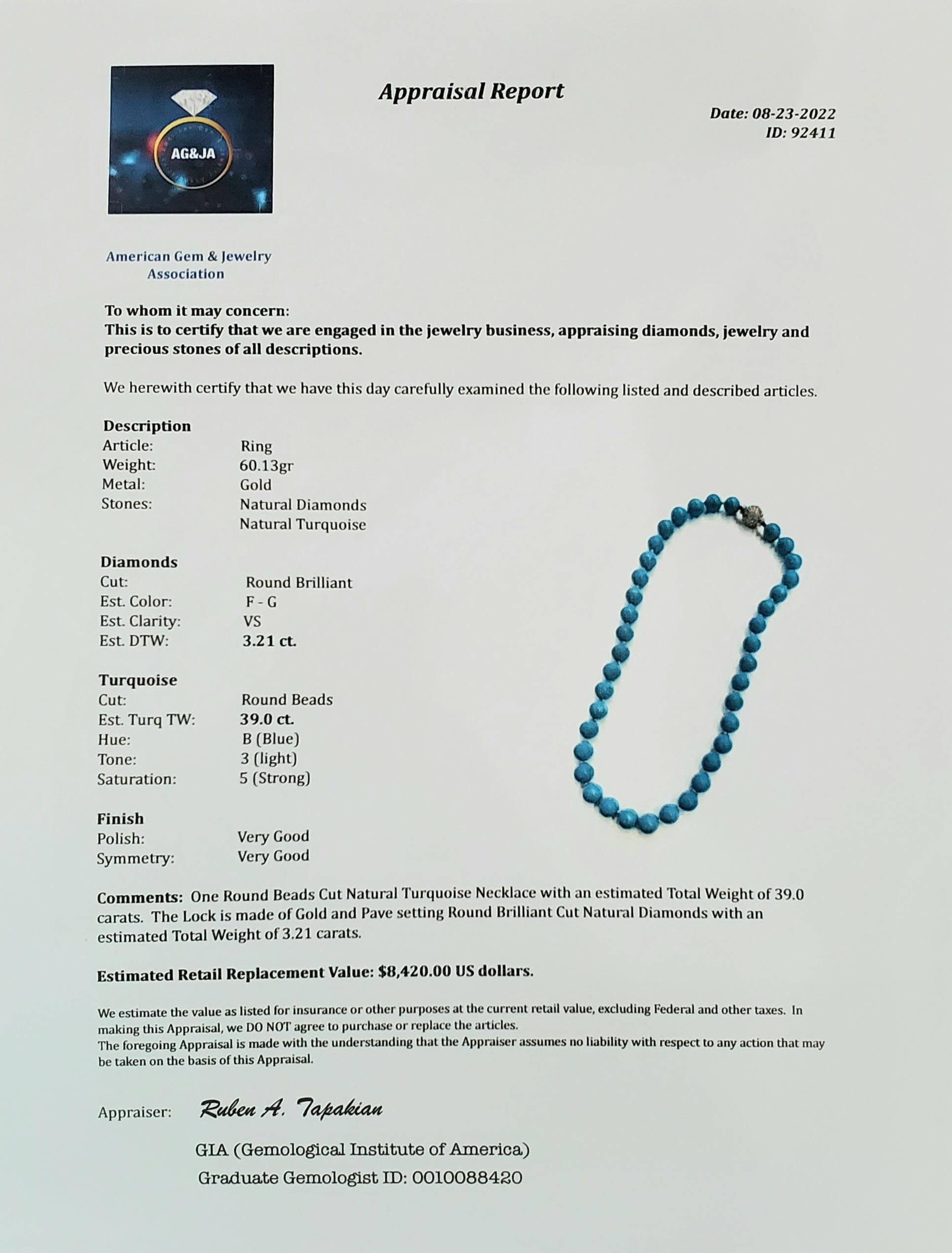 Certified Sleeping Beauty Blue Turquoise Necklace in 18Kt Gold 3.21 Cts ...