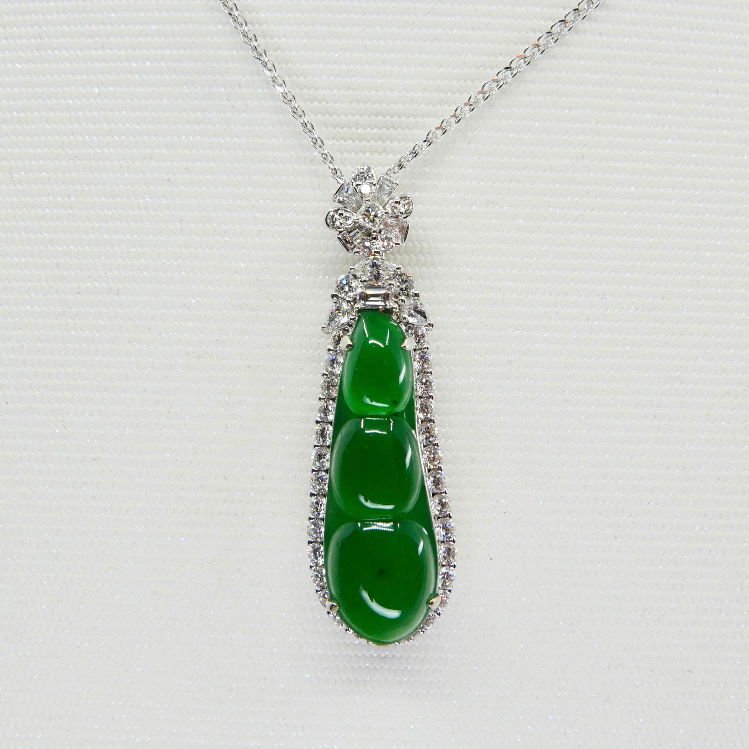 Certified Type A Icy Imperial Jade Peapod and Diamond Drop Pendant ...