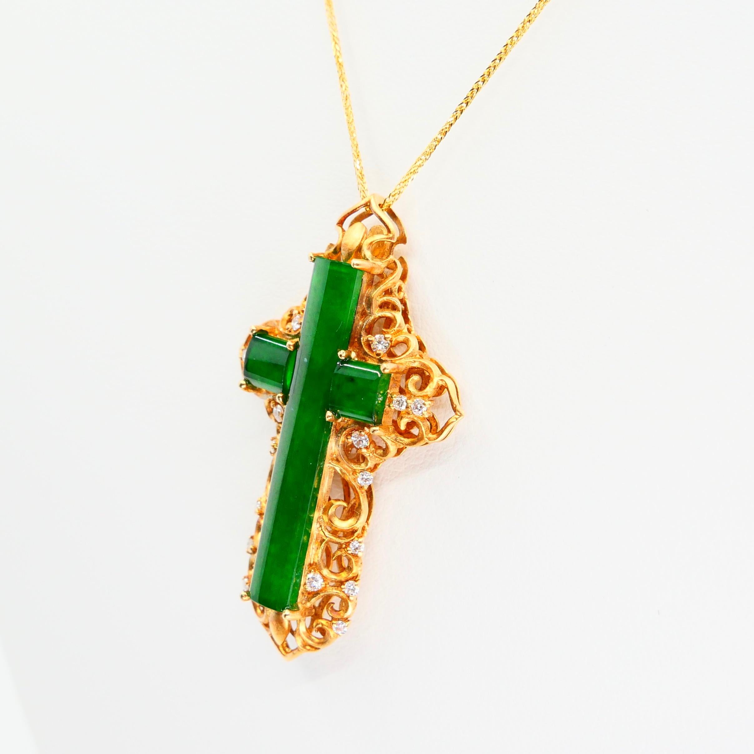 Certified Type A Jade Diamond Cross Pendant Drop Necklace, Intense ...