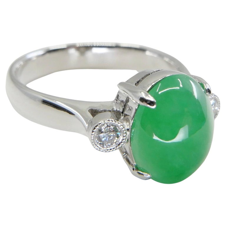 Certified Type a Jade and Oval Diamond 3 Stone Ring, Glowing Apple ...