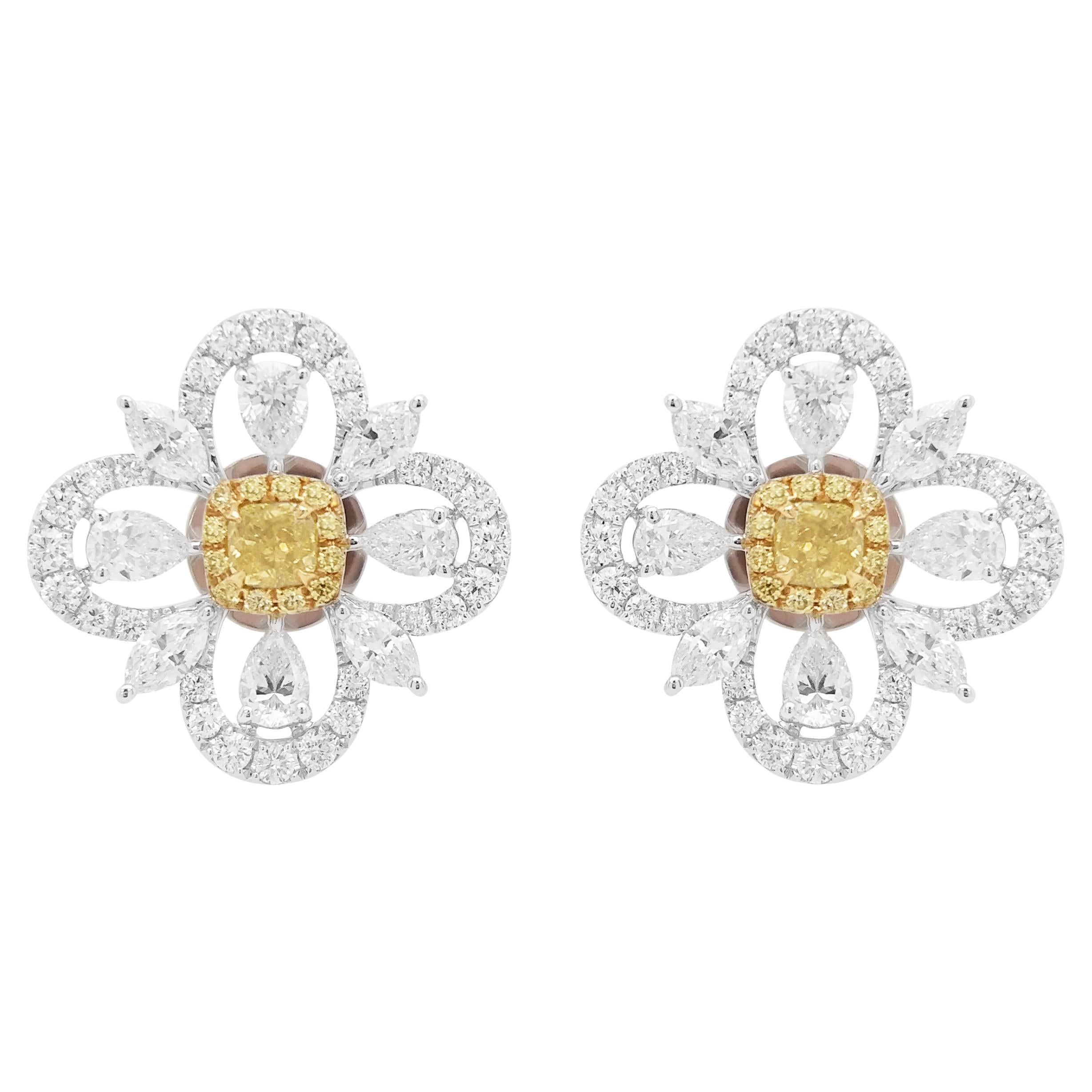 Light Yellow Princess Halo 3.96 TCW Diamond Earrings in 18K White and ...