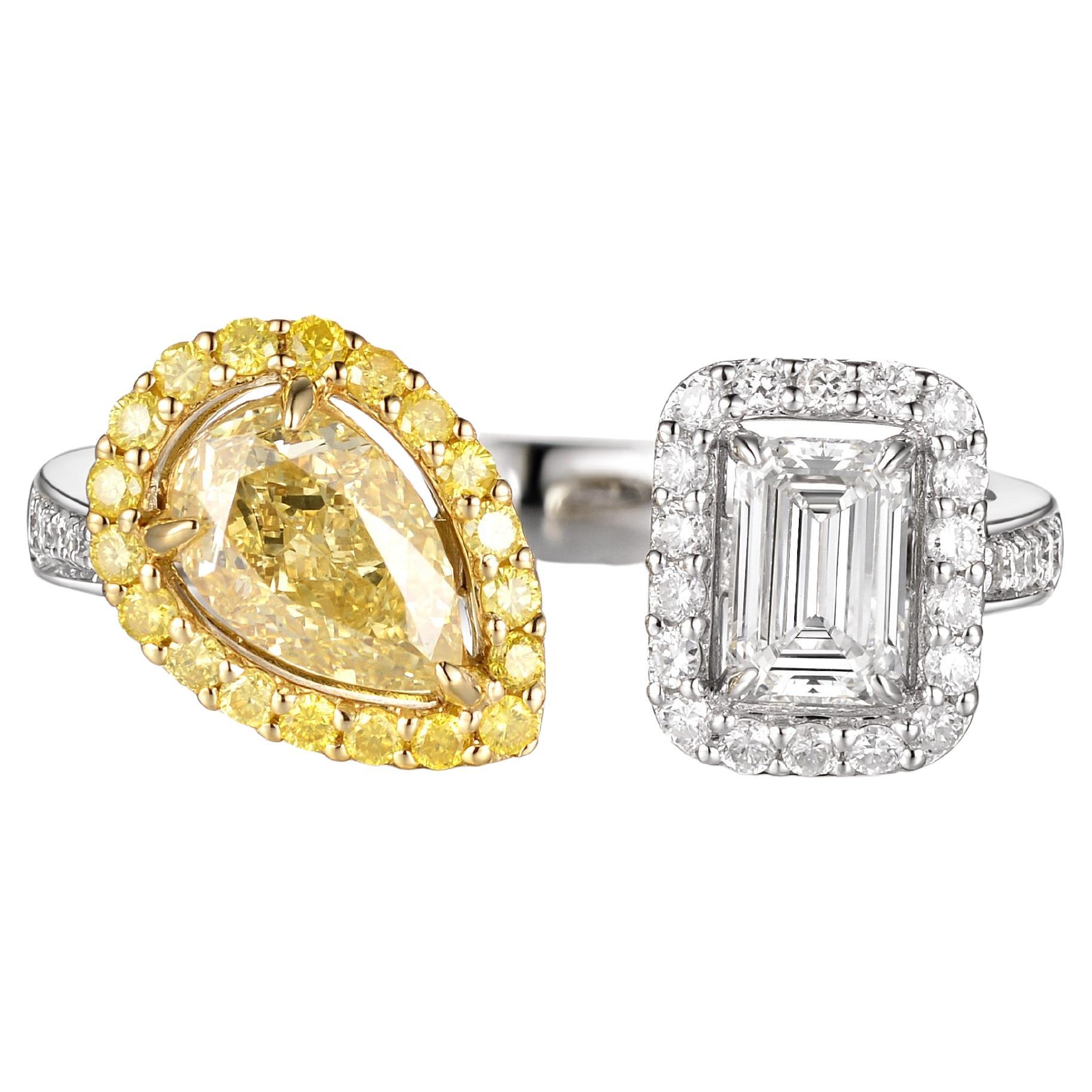 Certified Yellow Oval Diamond and Pear Cut Diamond Toi Et Moi Ring in ...