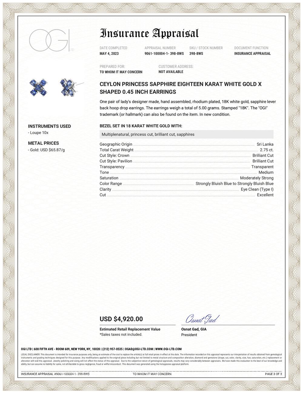 Ceylon Princess Sapphire Eighteen Karat White Gold X Shaped 0.45 Inch ...