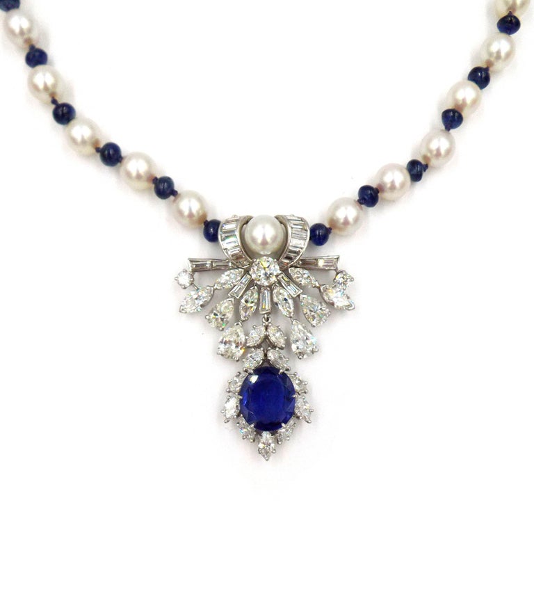 Ceylon Sapphire Diamond Cultured Pearl Pendant Brooch Necklace For Sale ...