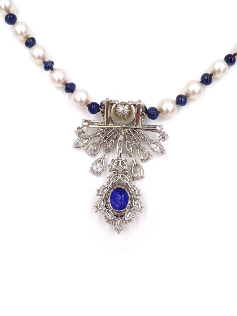 Ceylon Sapphire Diamond Cultured Pearl Pendant Brooch Necklace For Sale ...