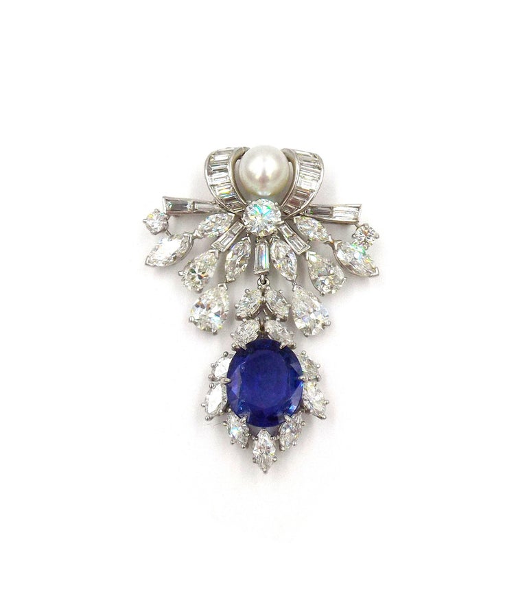 Ceylon Sapphire Diamond Cultured Pearl Pendant Brooch Necklace For Sale ...