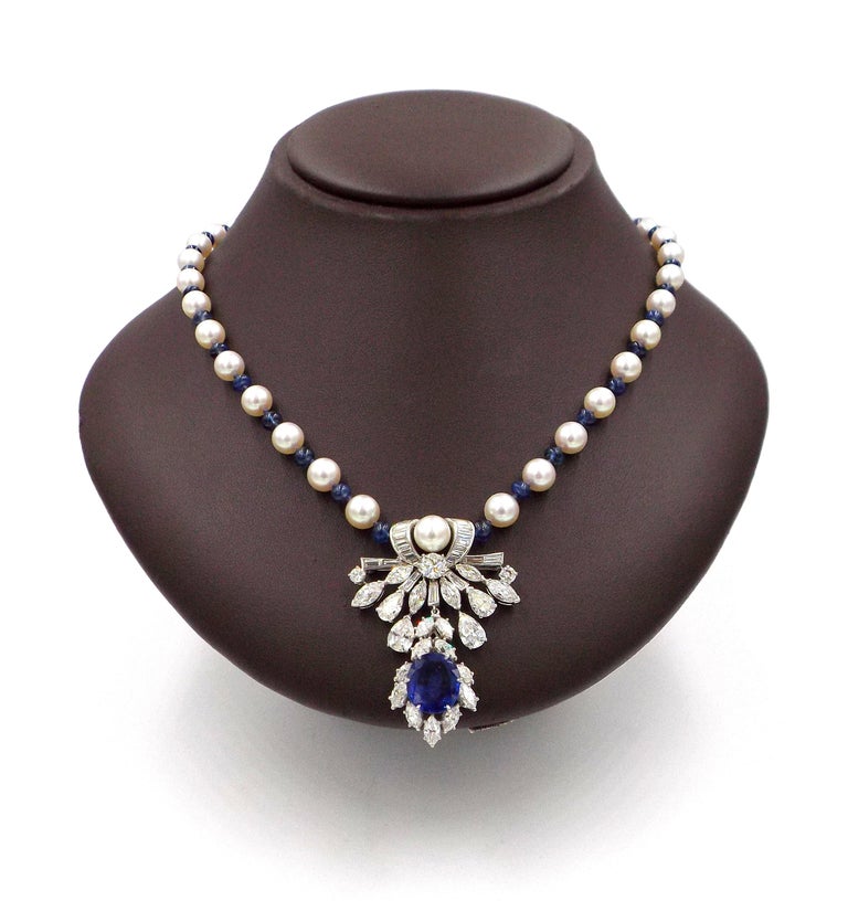 Ceylon Sapphire Diamond Cultured Pearl Pendant Brooch Necklace For Sale ...