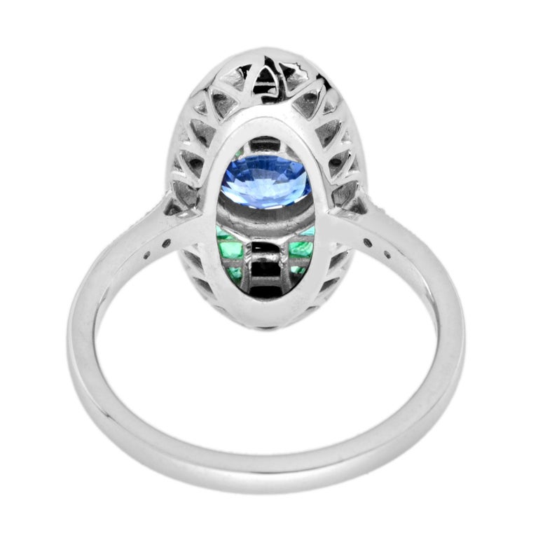 Ceylon Sapphire with Emerald Onyx Diamond Art Deco Style Ring in 18k White Gold For Sale at 1stDibs