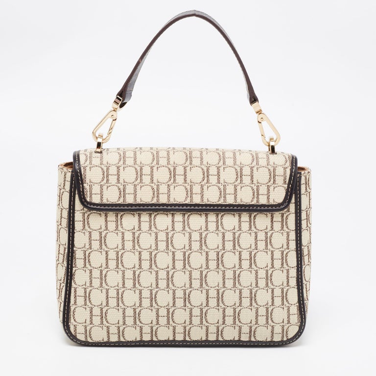 CH Carolina Herrera Beige/Brown Monogram Canvas and Leather Top Handle ...