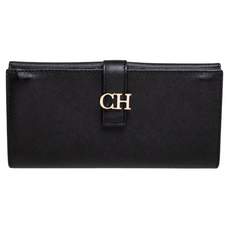 CH Carolina Herrera Black Leather CH Logo Flap French Continental ...