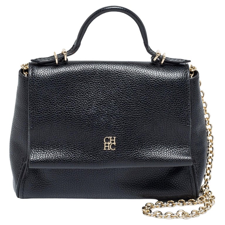 CH Carolina Herrera Black Leather Mini Minuetto Flap Top Handle Bag For ...
