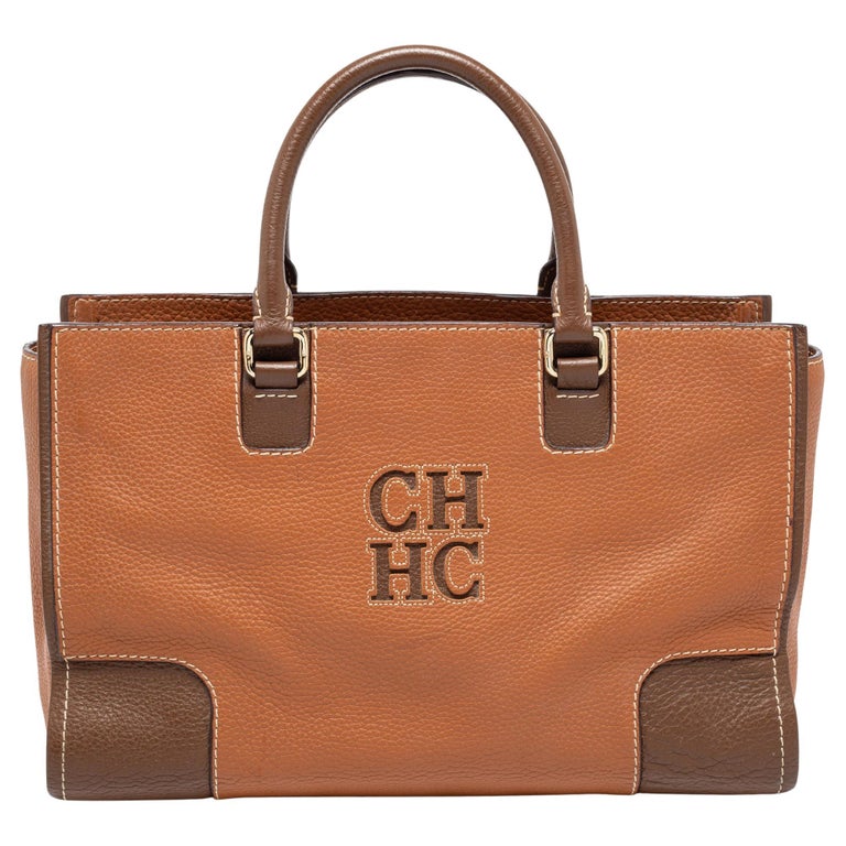 CH Carolina Herrera Brown Leather Front Logo Tote For Sale at 1stDibs
