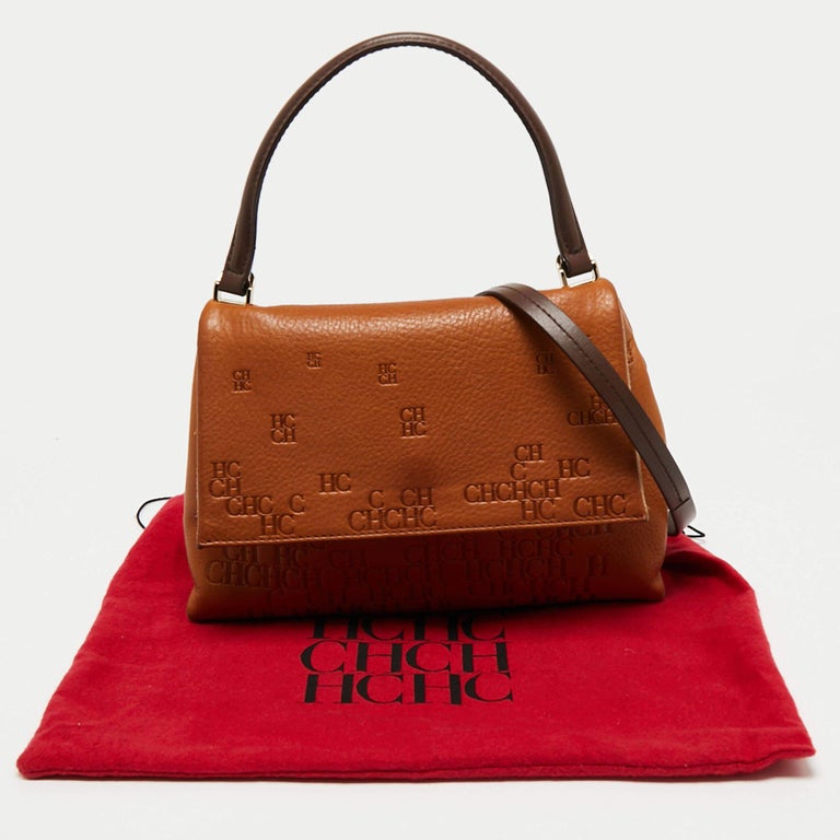 CH Carolina Herrera Brown Logo Embossed Leather Top Handle Bag For Sale ...