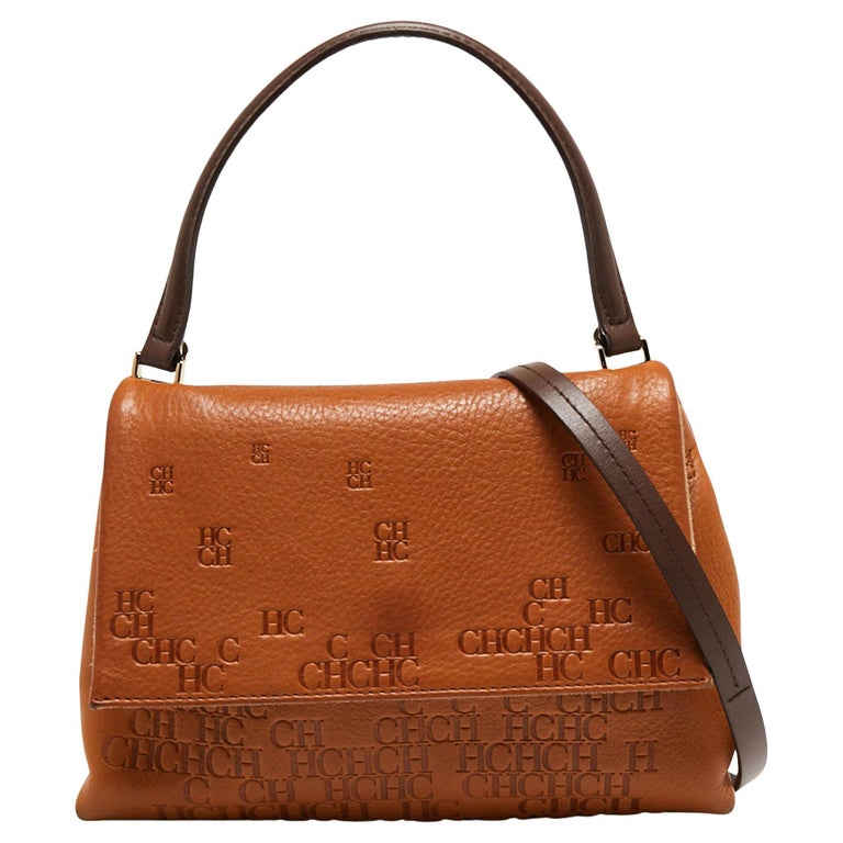 CH Carolina Herrera Brown Logo Embossed Leather Top Handle Bag For Sale ...