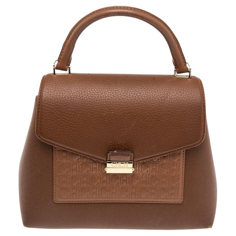 CH Carolina Herrera Brown Monogram Embossed Leather Top Handle Bag at ...