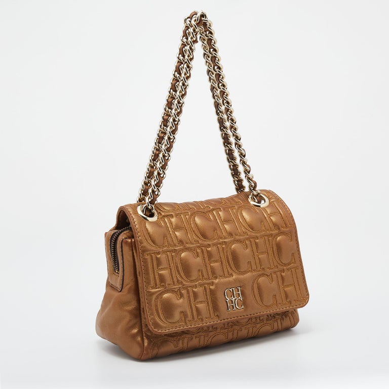 CH Carolina Herrera Metallic Gold Leather Monogram Quilted Flap ...