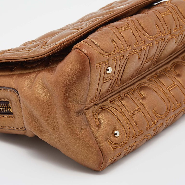 CH Carolina Herrera Metallic Gold Leather Monogram Quilted Flap ...