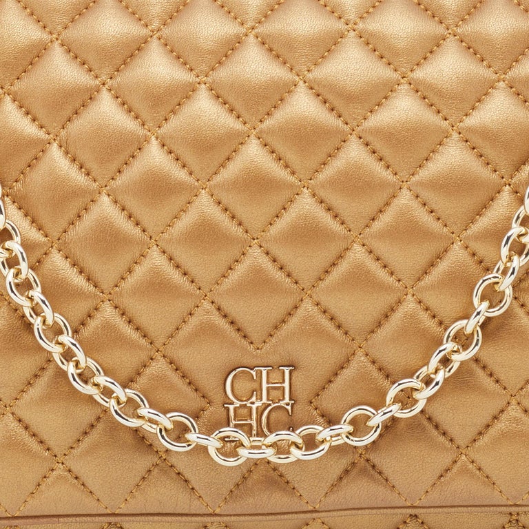 CH Carolina Herrera Metallic Gold Quilted Leather Flap Chain Shoulder ...