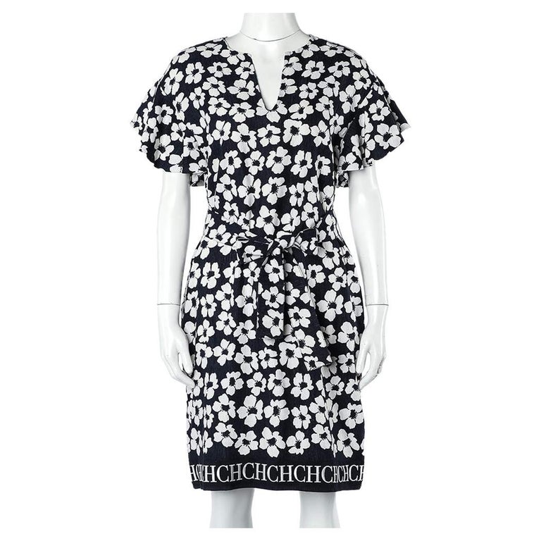 CH Carolina Herrera Navy Blue Floral Print Silk and Linen Belted Dress ...