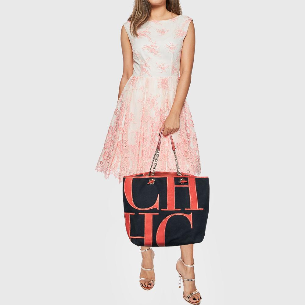 CH Carolina Herrera Navy Blue/Red Canvas and Leather Chain Tote For ...