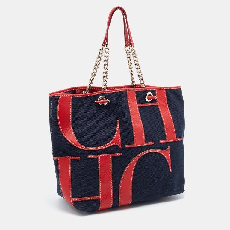 CH Carolina Herrera Navy Blue/Red Canvas and Leather Chain Tote For ...