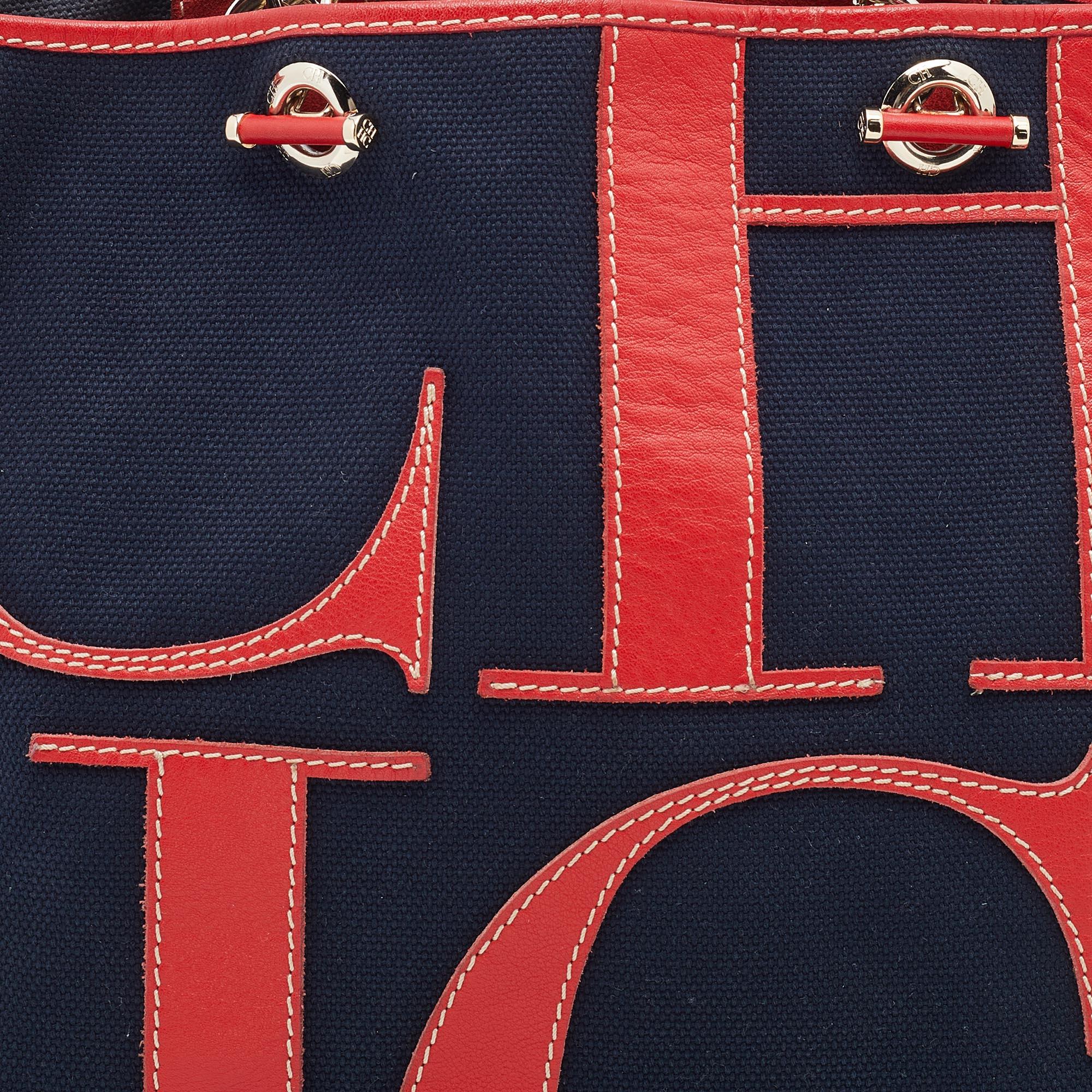 CH Carolina Herrera Navy Blue/Red Canvas and Leather Chain Tote For ...