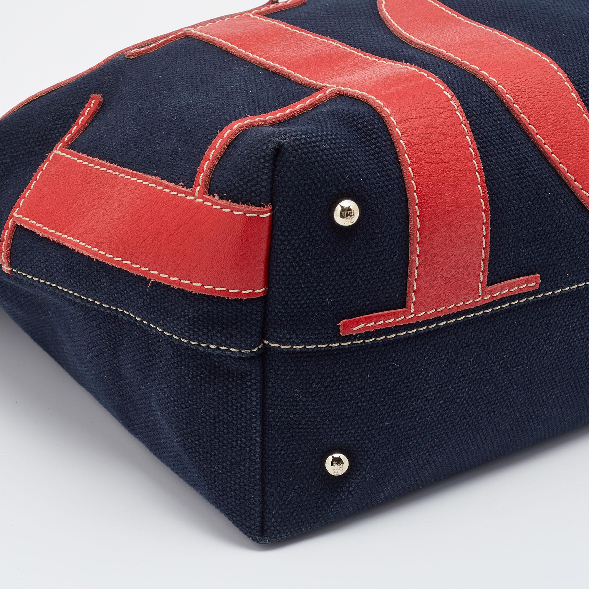 CH Carolina Herrera Navy Blue/Red Canvas and Leather Chain Tote For ...