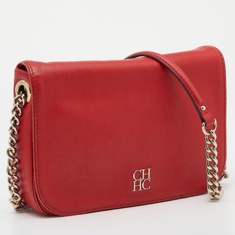 Ch Carolina Herrera Red Leather Flap Chain Shoulder Bag For Sale At 1stdibs