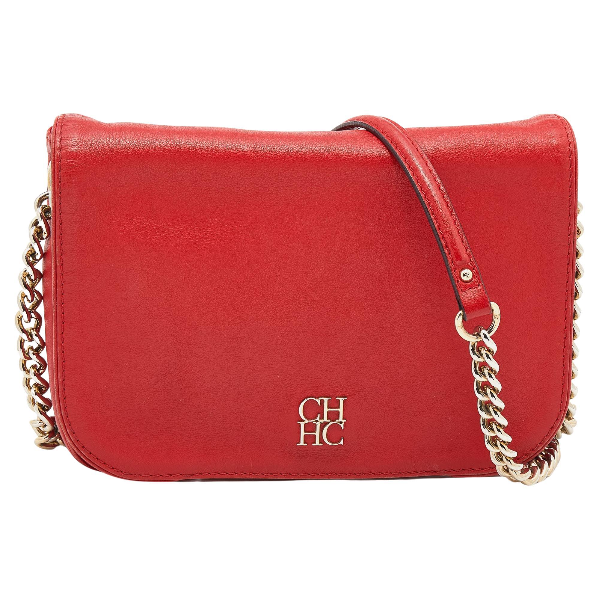 Carolina Herrera Red Croc Embossed Patent Leather Logo Chain Shoulder ...